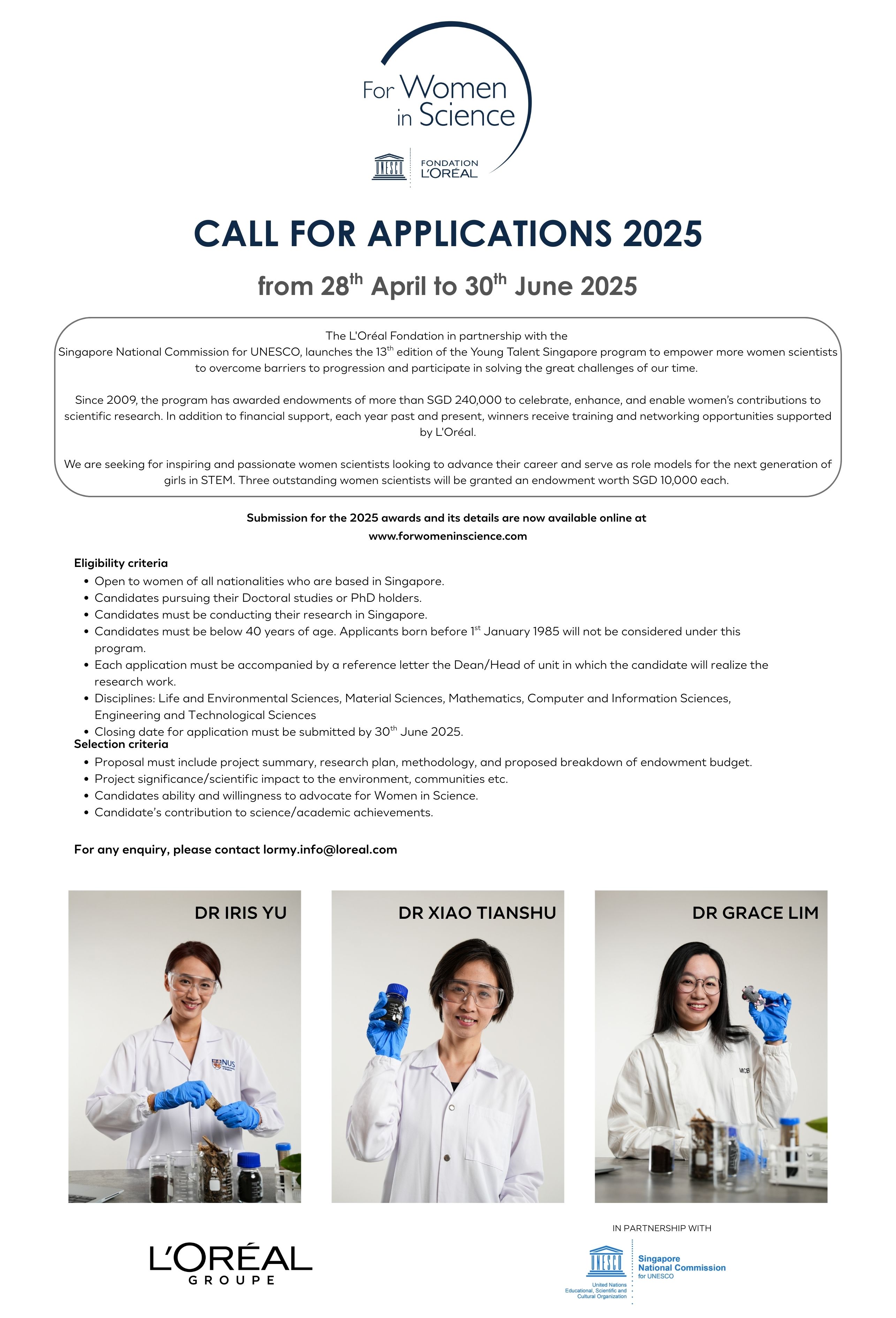 Singapore - 2025 Call for application | For Women in Science